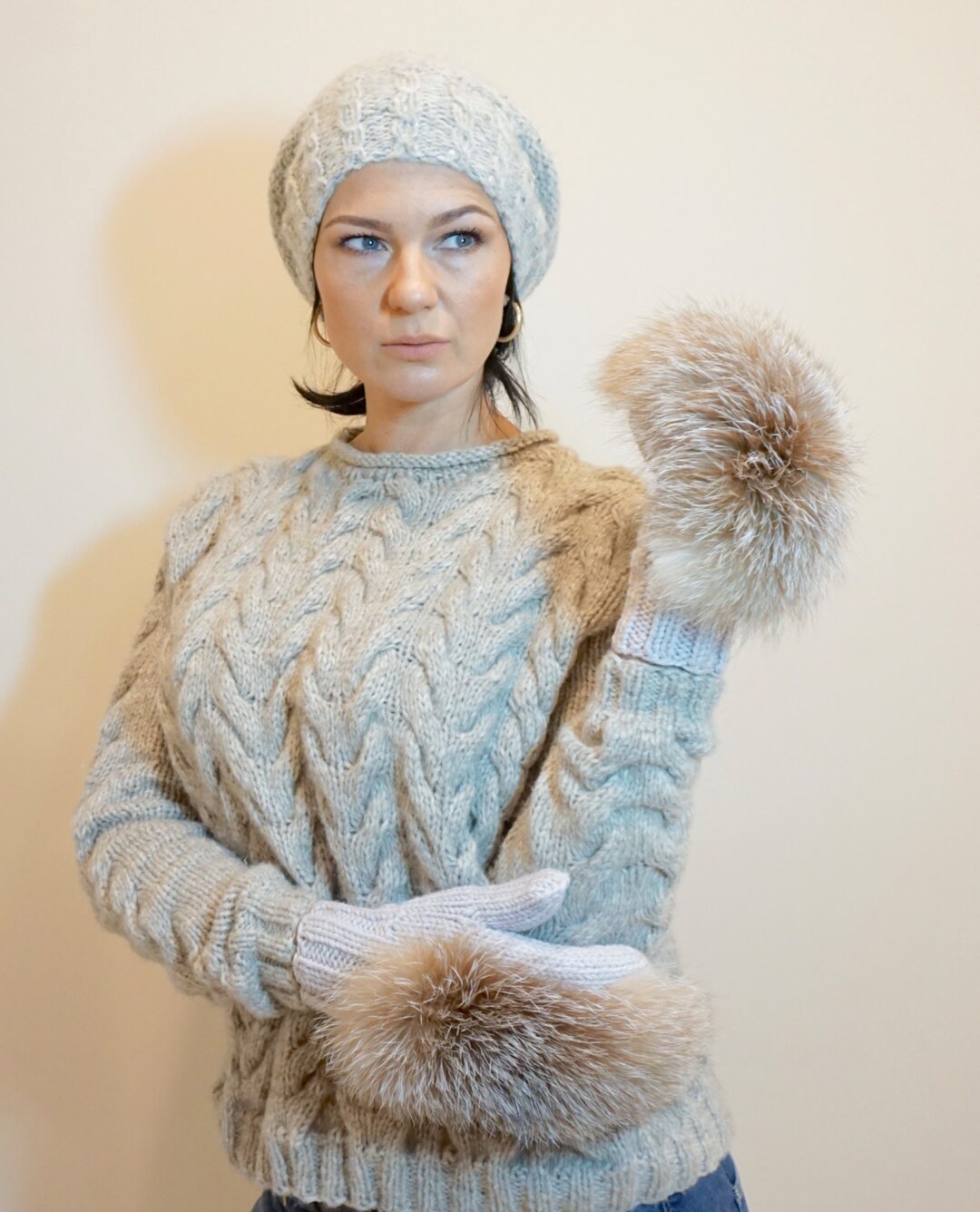Light Grey Merino Knit Mittens With Fox Fur / Hand Knit Gloves ...
