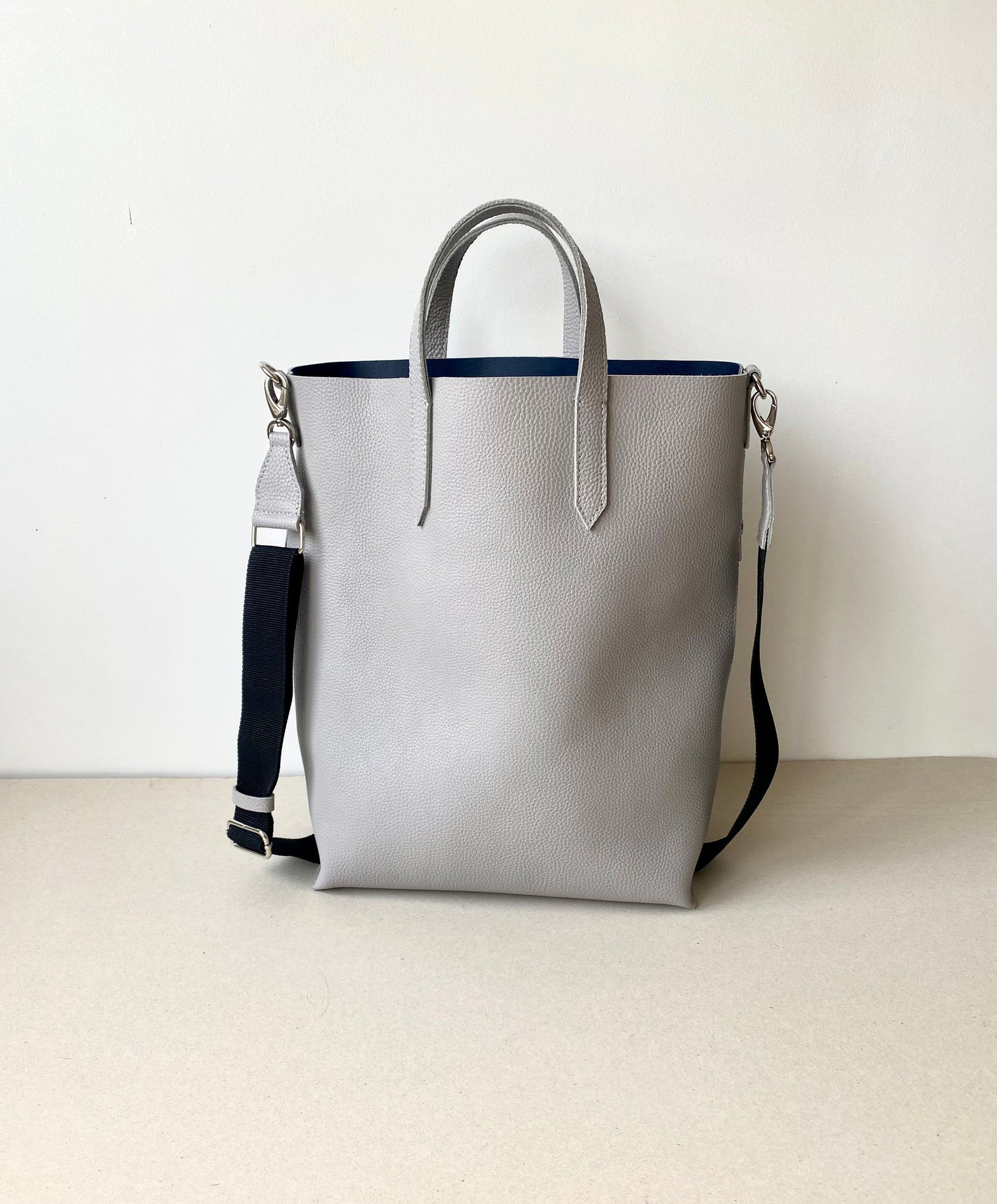 Light Grey Leather Tote With Black Canvas Crossbody Strap/ - Etsy