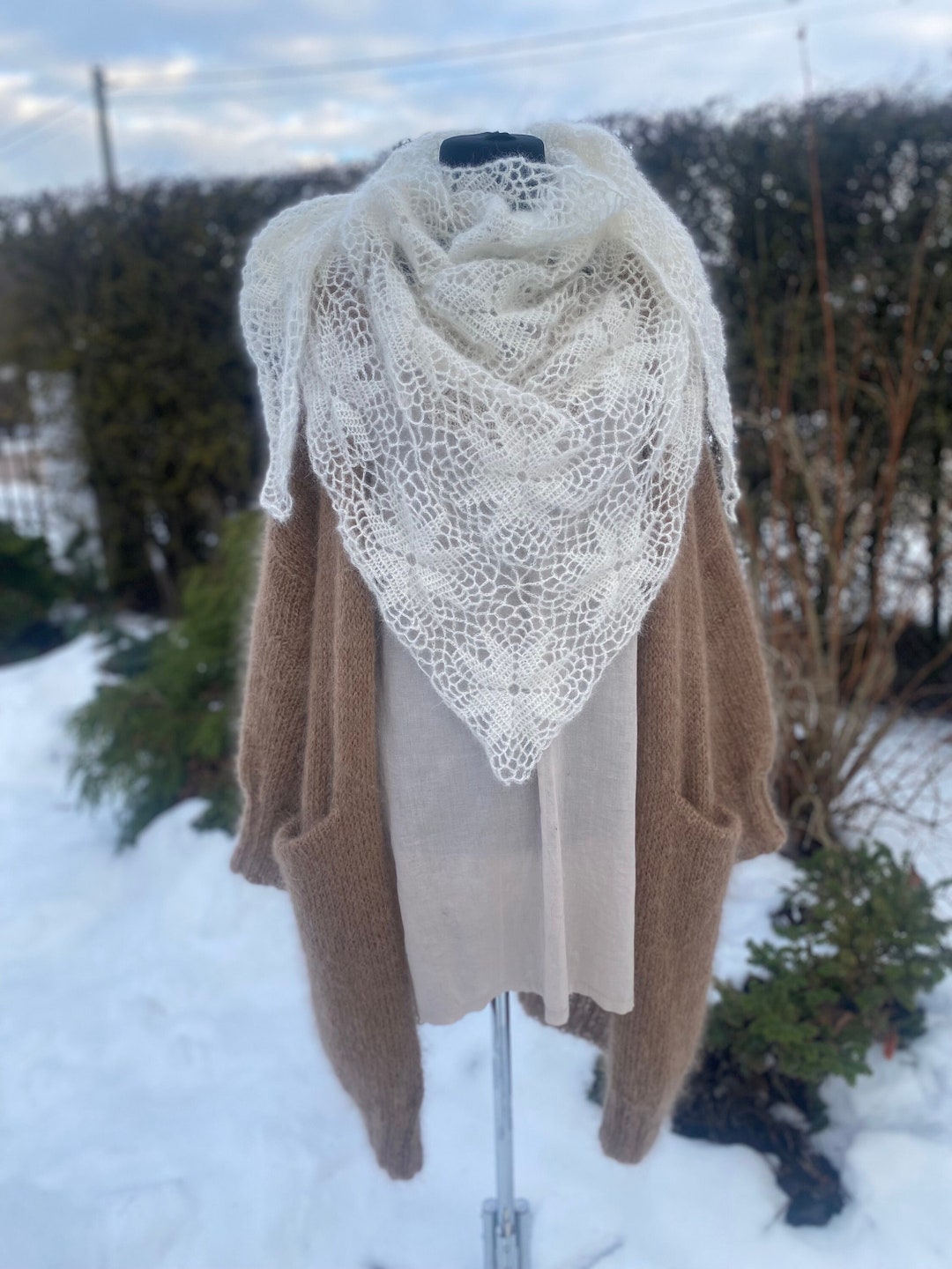 Large Kid Mohair and Silk Triangle Scarf / Wedding Shawl/ Hand ...