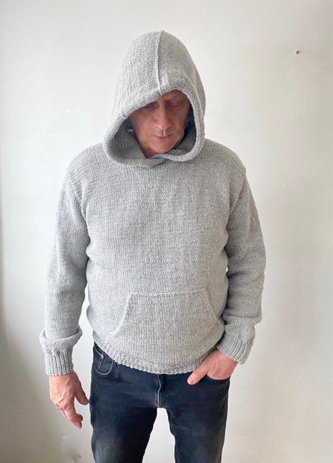 Light Grey Men's Hooded Knit Alpaca Blend Pullover/ Exclusive Rowan ...
