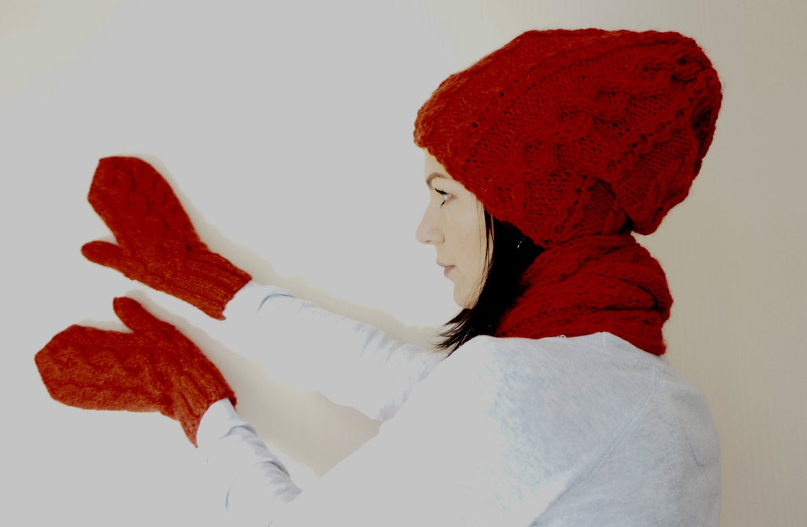 Red Hand Knitted Merino Wool Hat Mittens and Scarf / Ski Set - Etsy