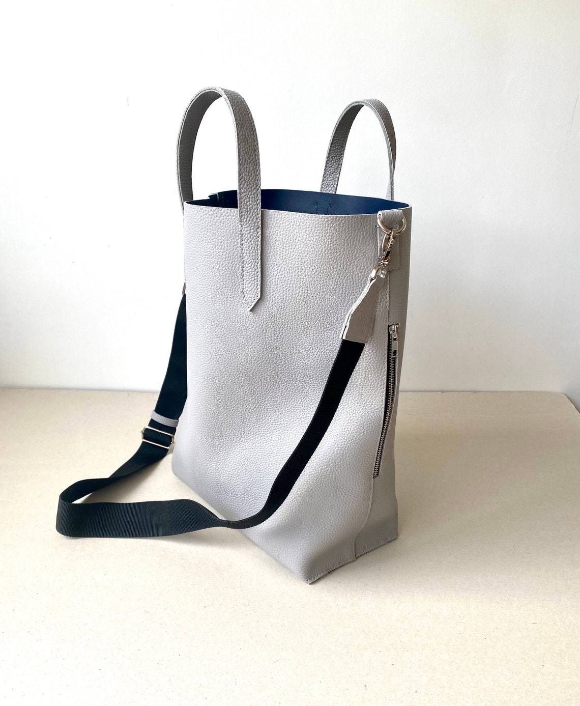 Light Grey Leather Tote With Black Canvas Crossbody Strap/ - Etsy