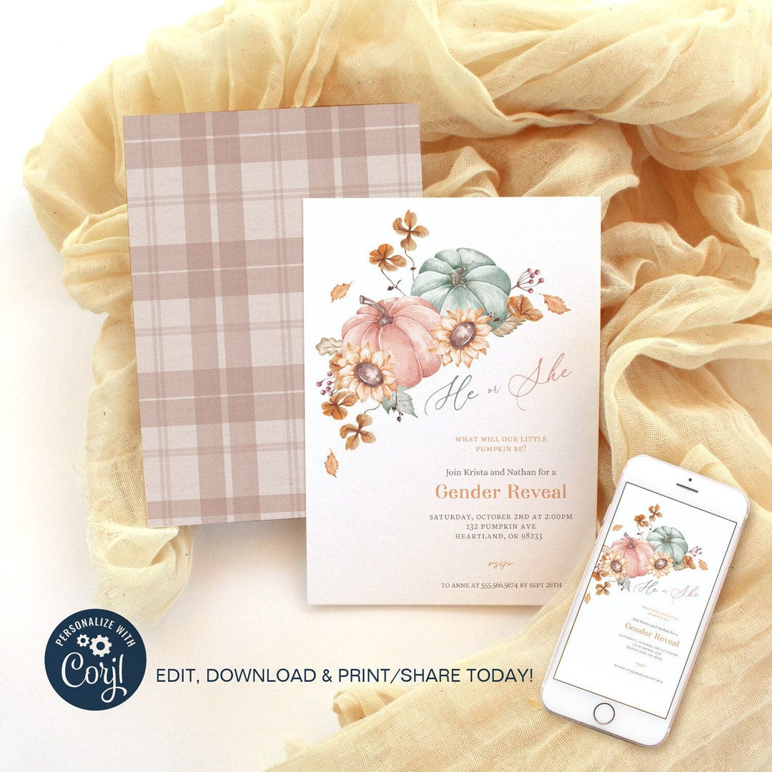 Pumpkin Gender Reveal Invitation, Template, He or She, Editable, Rustic ...