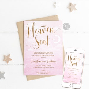 Heaven Sent Baby Shower Invitation Template, Baby Girl Shower, Moon and ...