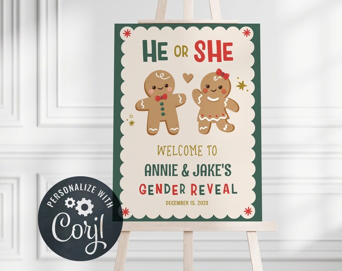 Gingerbread Gender Reveal Welcome Sign, Winter, He or She, Printable ...