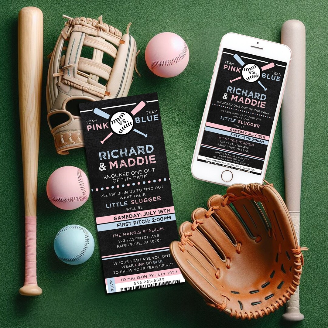 Baseball Gender Reveal Invitation Template, Team Pink or Team Blue ...