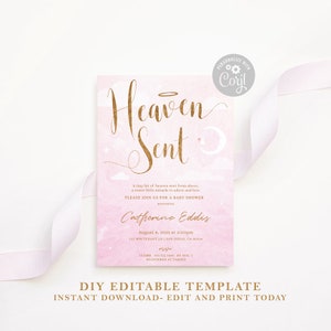 Heaven Sent Baby Shower Invitation: Pink, Gold, Moon & Stars (digital ...