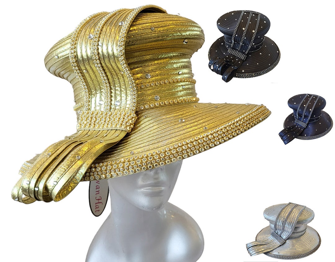 Designer Couture Church Hat, Rhinestones, Weddings, and Derby , Gold ...