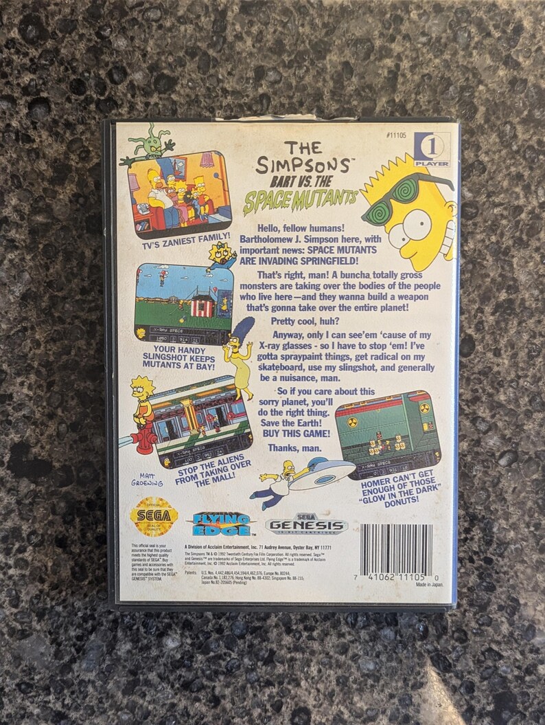 Authentic the Simpsons: Bart VS the Space Mutants Sega Genesis Complete ...