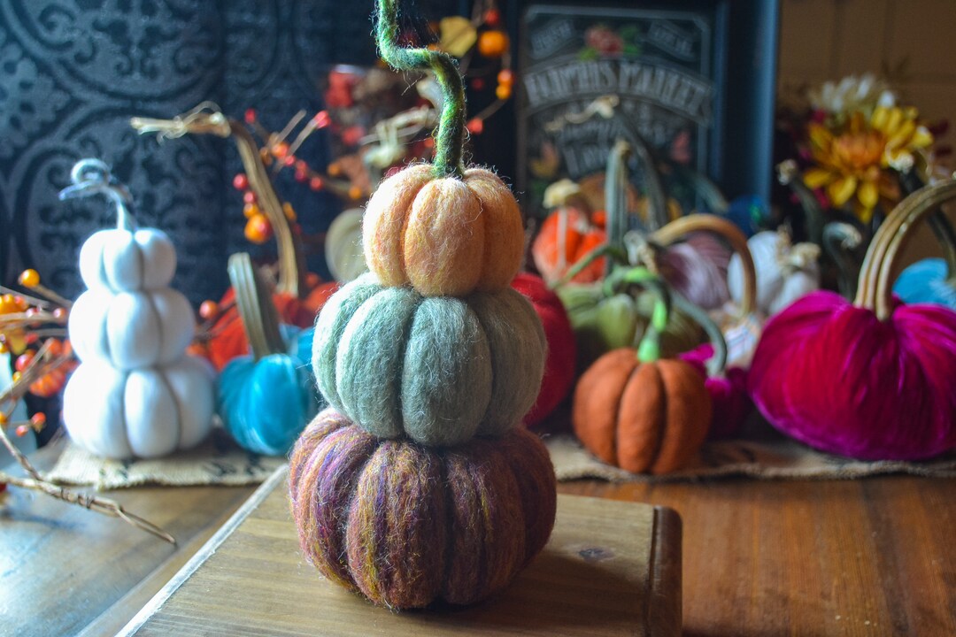 Needle Felted Stacked Heirloom Pumpkin, Fall Decor, Thanksgiving, Halloween, Table Centerpiece ...
