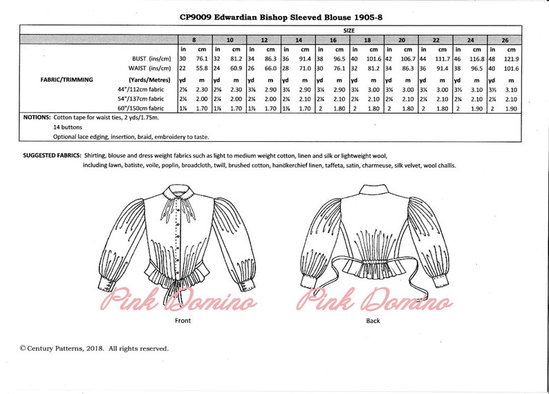 Edwardian Bishop Sleeved Shirt Blouse Pattern C1905-1908 Century ...