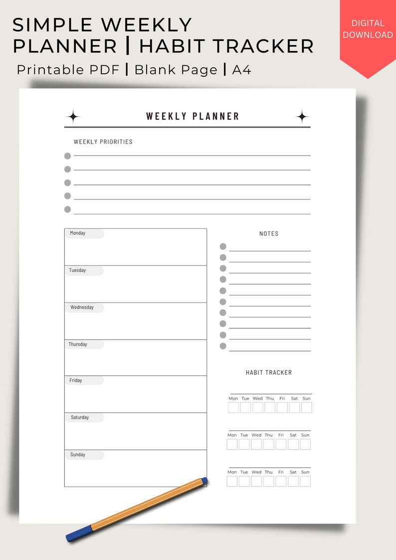 Weekly Planner Habit Tracker Printable Planner Page PDF - Etsy