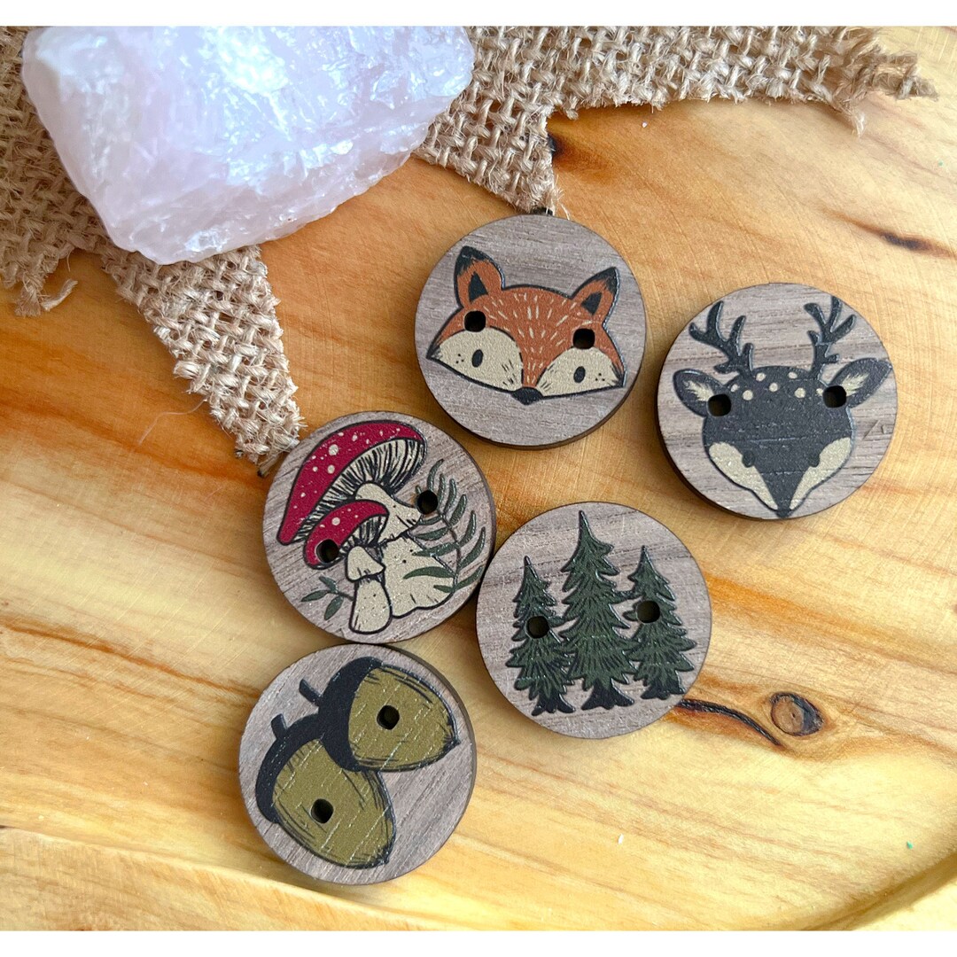 Forest Friends Fox Deer Pine Acorn Mushroom 1 Inch SET OF 5 Wood ...