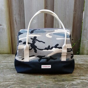 Knit Night Bag in Camo Print and Black Canvas, Wire Framed Project Bag ...