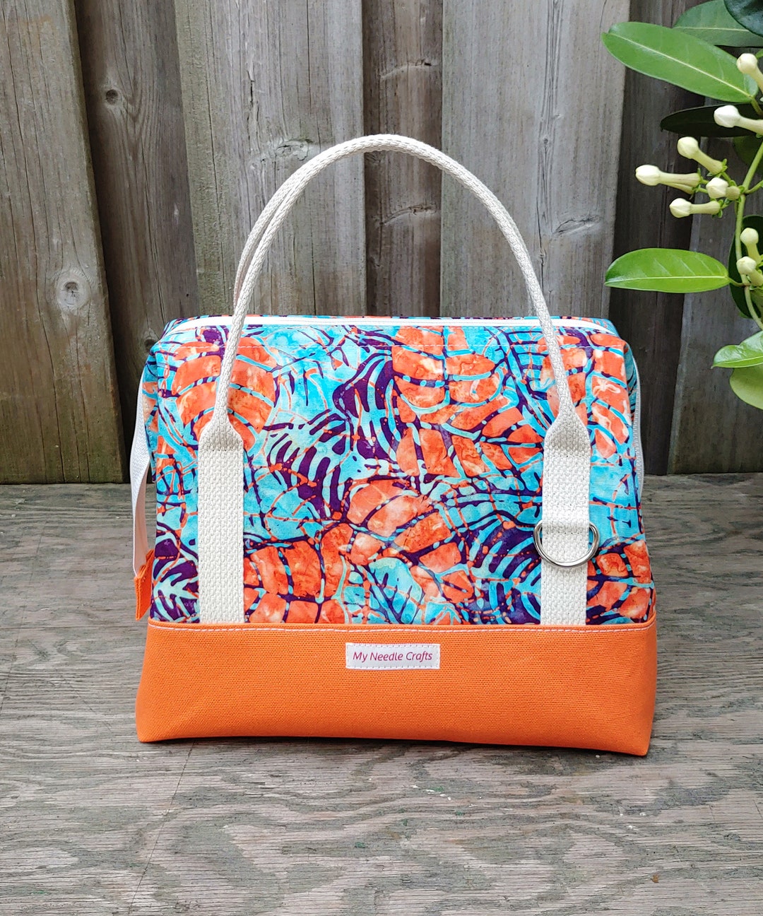 Orange and Blue Leafy Batik Print Knit Night Bag, Retreat Bag, Wire ...