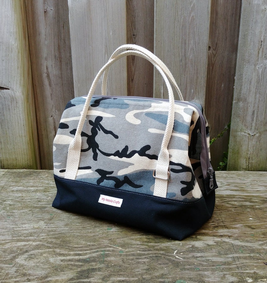 Knit Night Bag in Camo Print and Black Canvas Wire Framed | Etsy