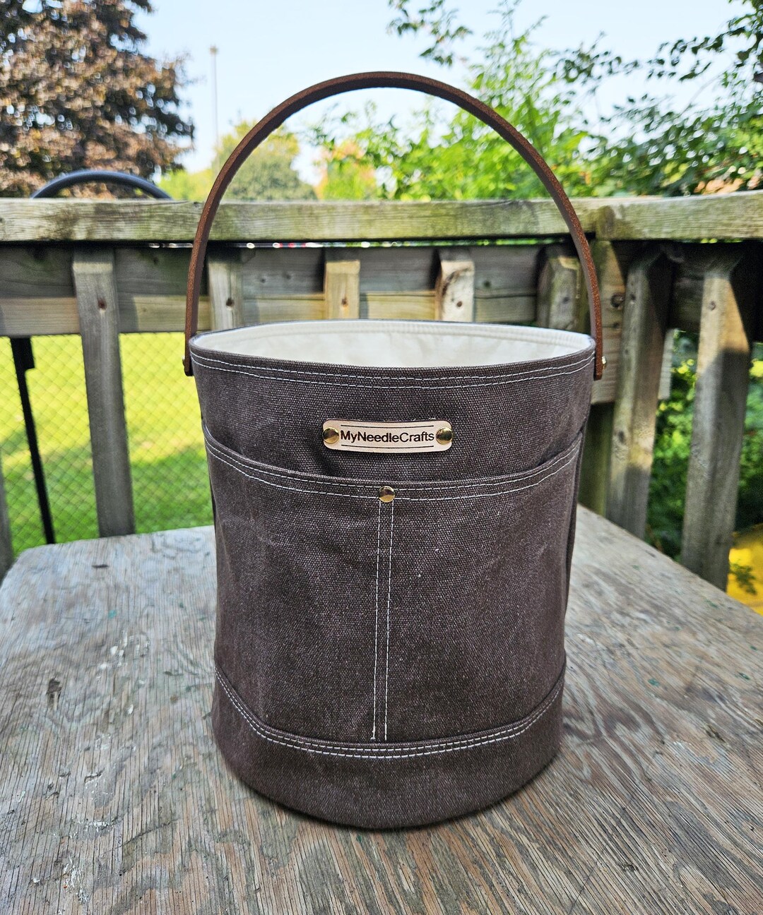 Canvas Project Bucket With Leather Handle in Raisin for Knitting or ...