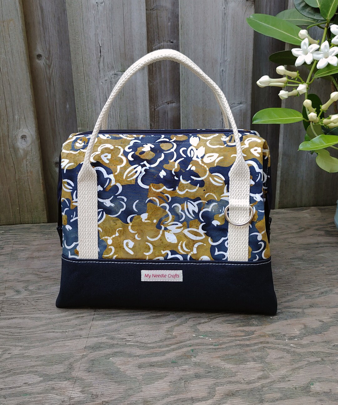 Navy and Gold Floral Batik Print Knit Night Bag, Retreat Bag, Wire ...