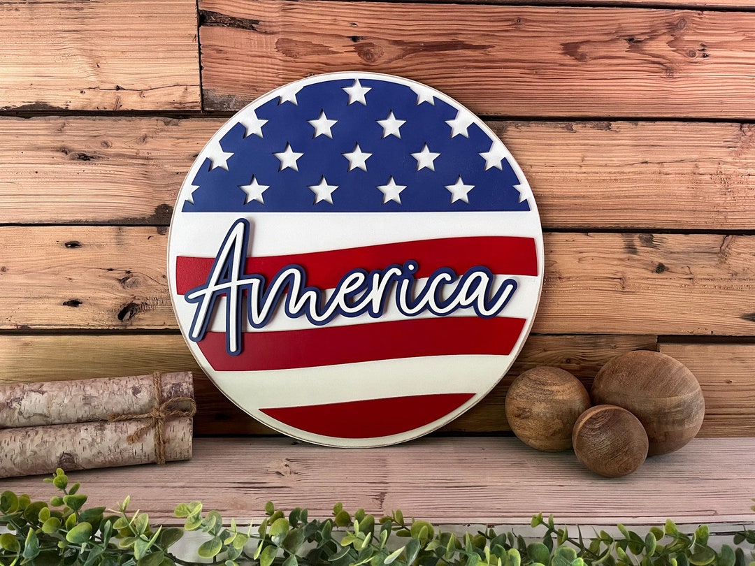 American Flag Round Sign Patriotic Decor Round Door Hanger Sign ...