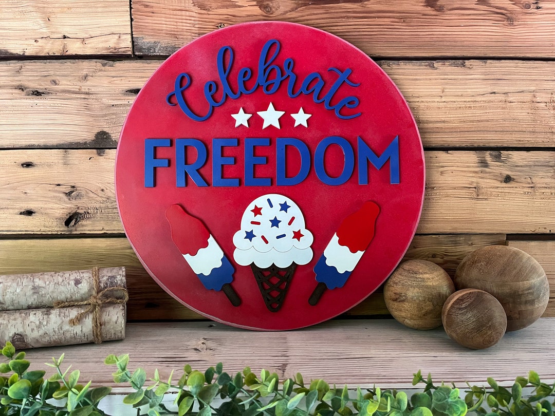 America Celebrate Freedom Round Sign Patriotic Decor Round Door Hanger ...