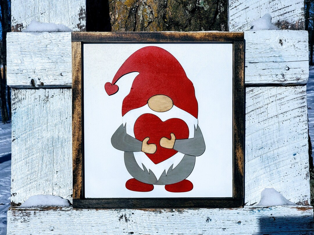 Valentine's Day Gnome Sign: Laser Cut Wood, Jacobean Frame - Etsy