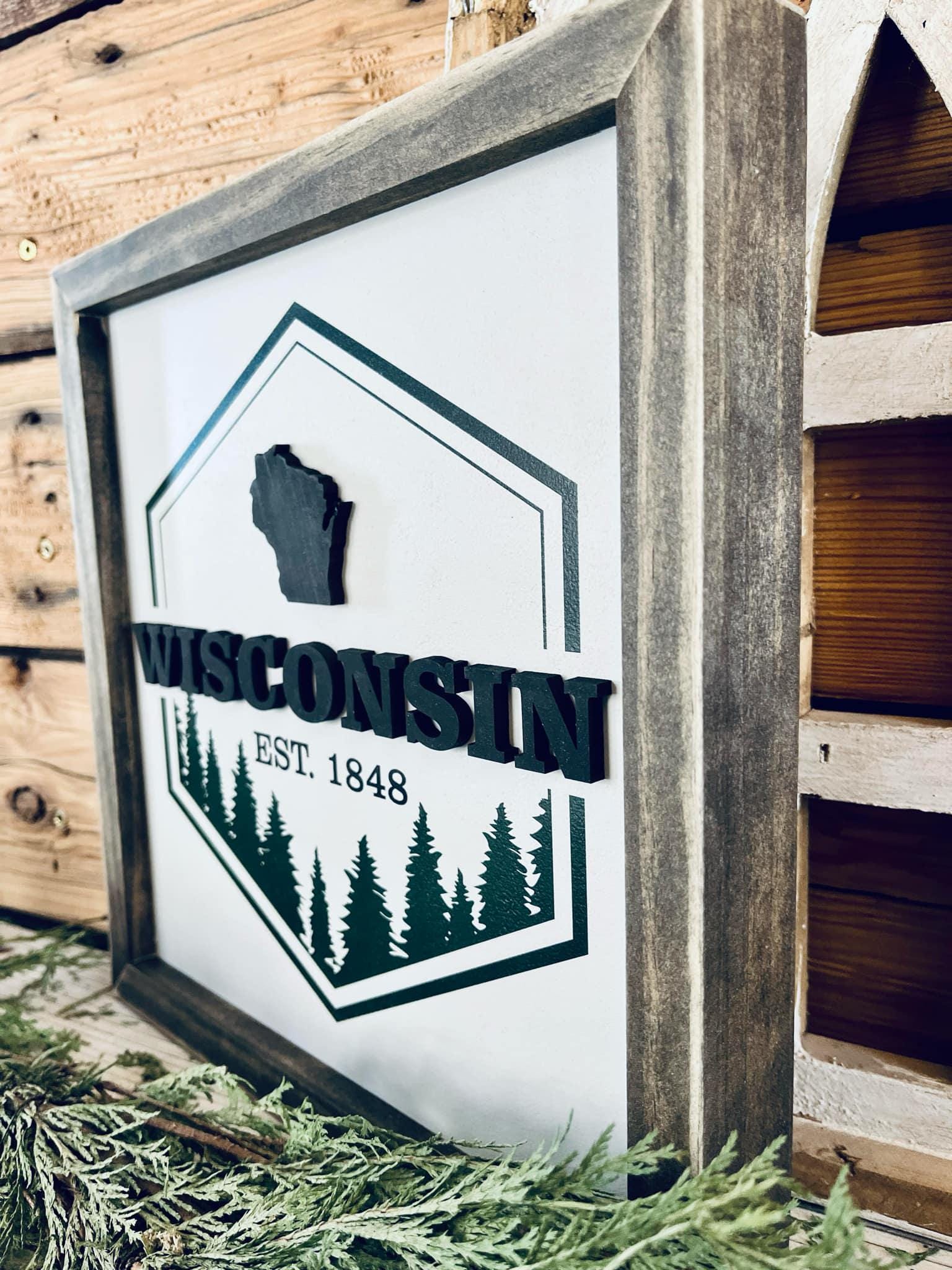 Wisconsin Wood Sign: 3D Lettering, Pine Tree Forest, Northwoods Decor ...