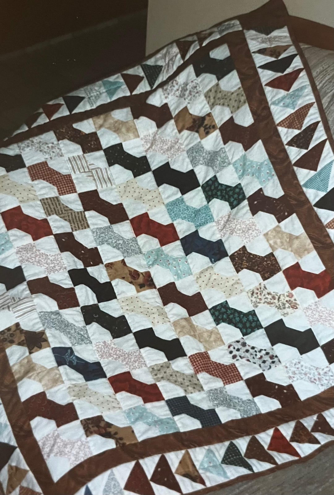 Scrappy Bow-tie Lap Quilt, Flying Geese Border, Handmade, Original ...