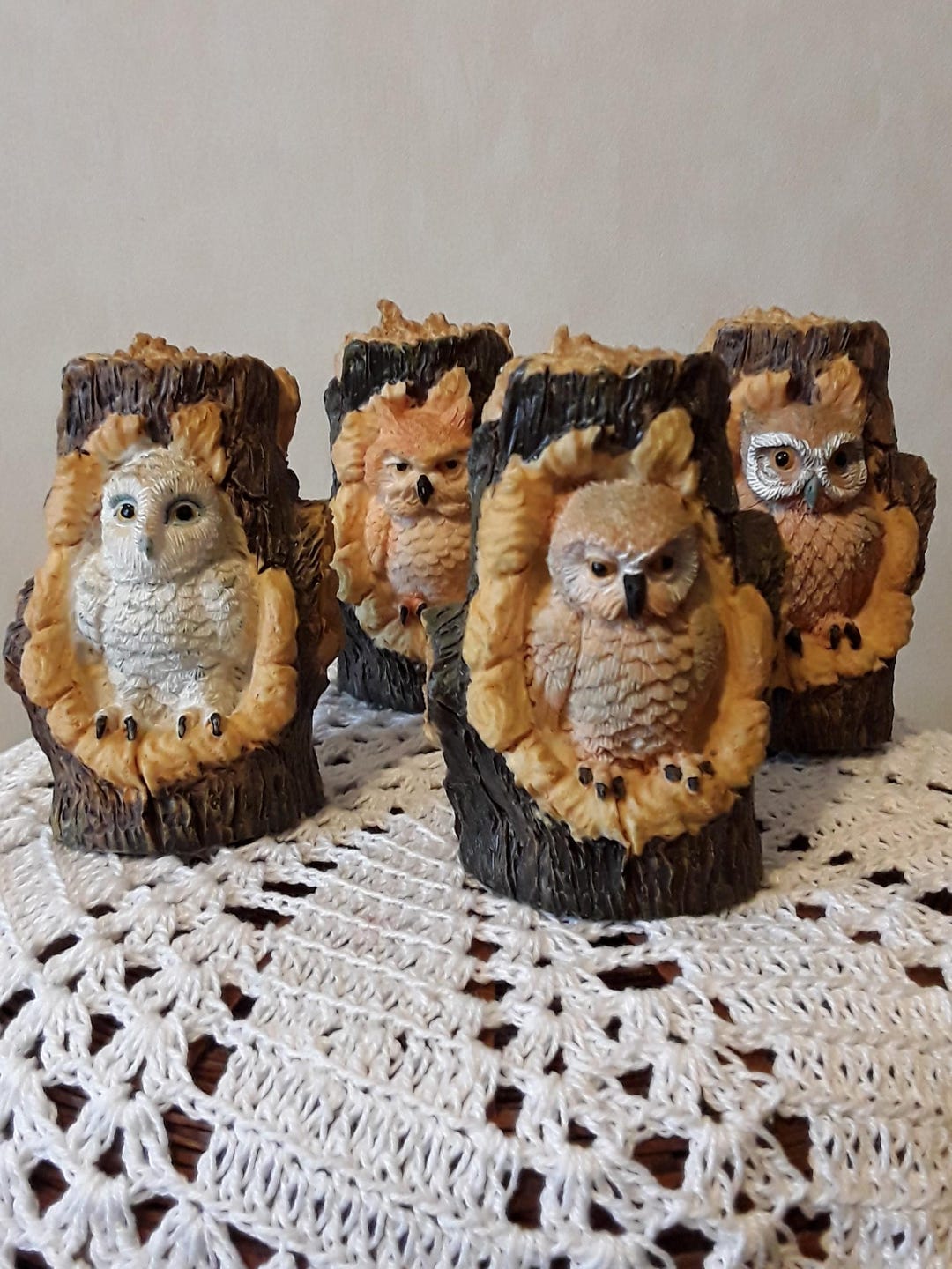 Vintage/set of 4/owl Figurines/4 Different Owls Inside Tree/cast Resin ...