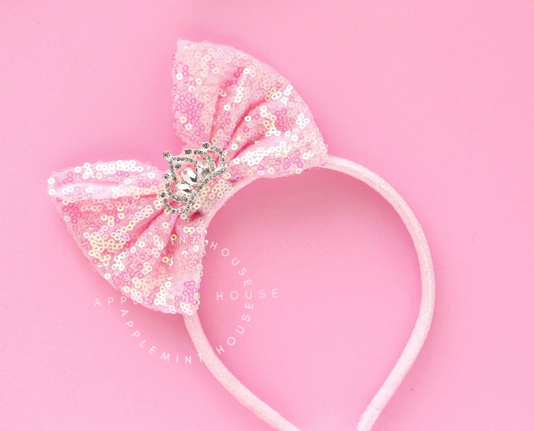 Princess Crown Headband, Birthday, Pink Bow Headband, Pink Sequin Bow ...