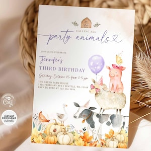 Editable Fall Pumpkin Patch Farm Animals Girl Birthday Invitation ...
