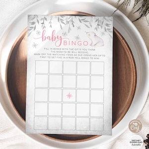EDITABLE Pink Winter Polar Bear Baby Shower Game Baby Bingo Games ...
