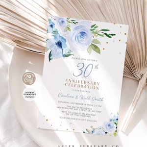 EDITABLE ANY YEAR Blue Floral Wedding Anniversary Light Blue and Gold ...