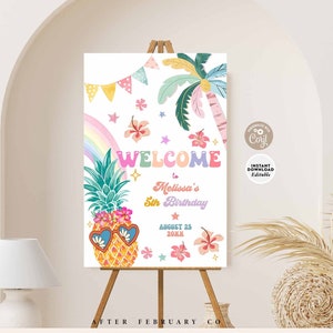 EDITABLE Girl Tropical Hawaiian Aloha Welcome Sign Birthday Welcome ...