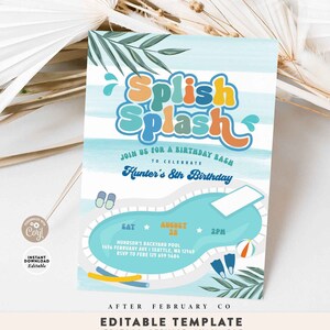 Editable ANY AGE Splish Splash Invitation Boy Pool Party Summer Birthday Party Pool Party Invite ...