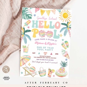 Editable End of School Pool Party Invitation Girly Summer Party Pool ...