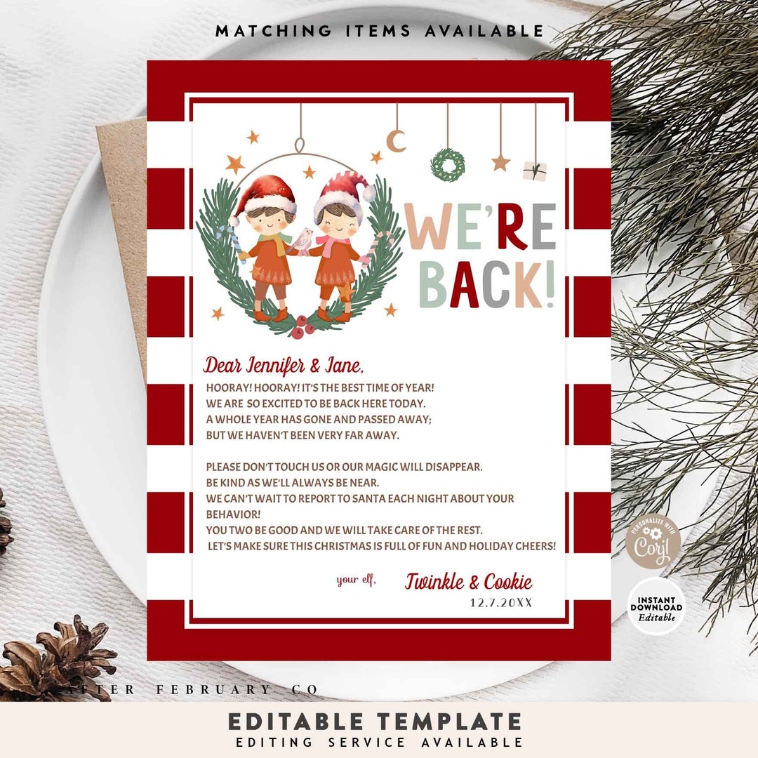 Editable BOY GIRL 2 Elf Welcome Back I'm Back Letter Modern Elf We Are ...