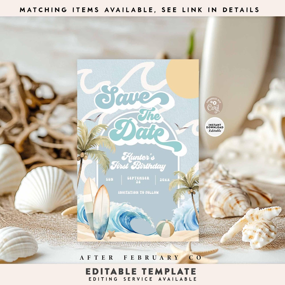 Surfing Beach Party Save the Date Printable: Surf Baby Shower Birthday ...