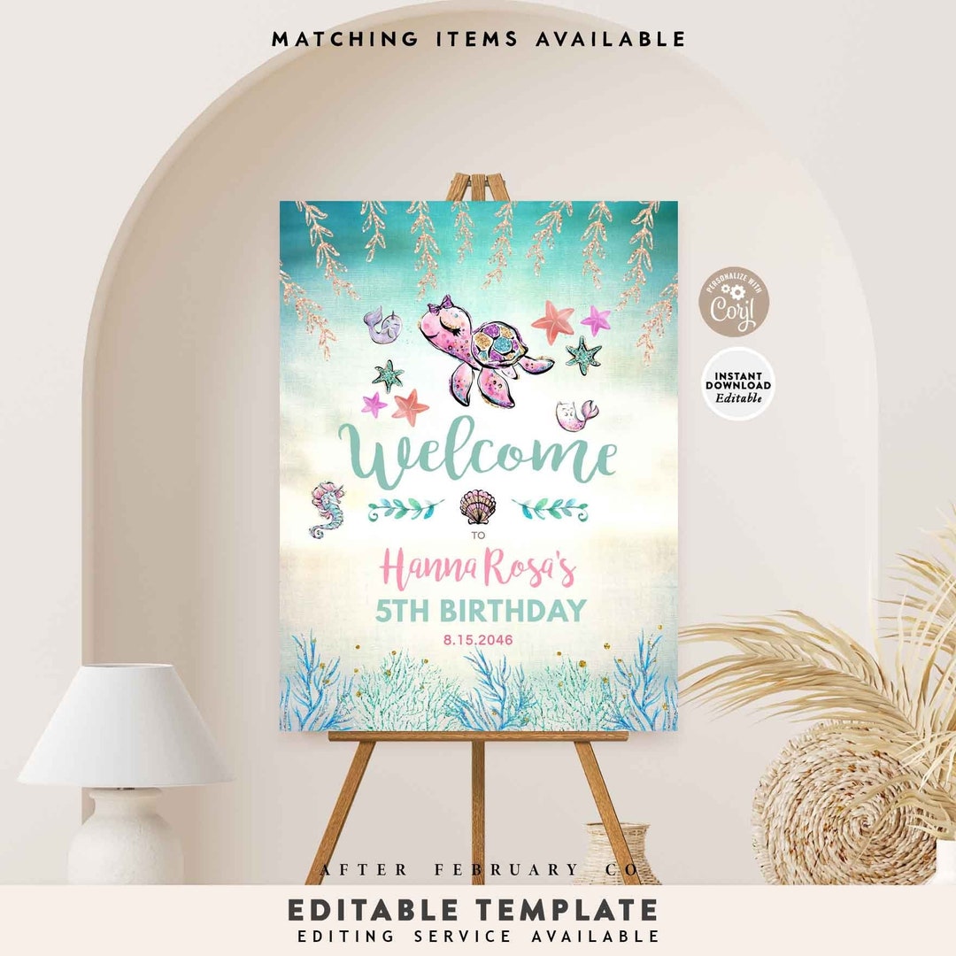 EDITABLE Pink Sea Turtle Birthday Party Welcome Sign Girl Under the Sea ...