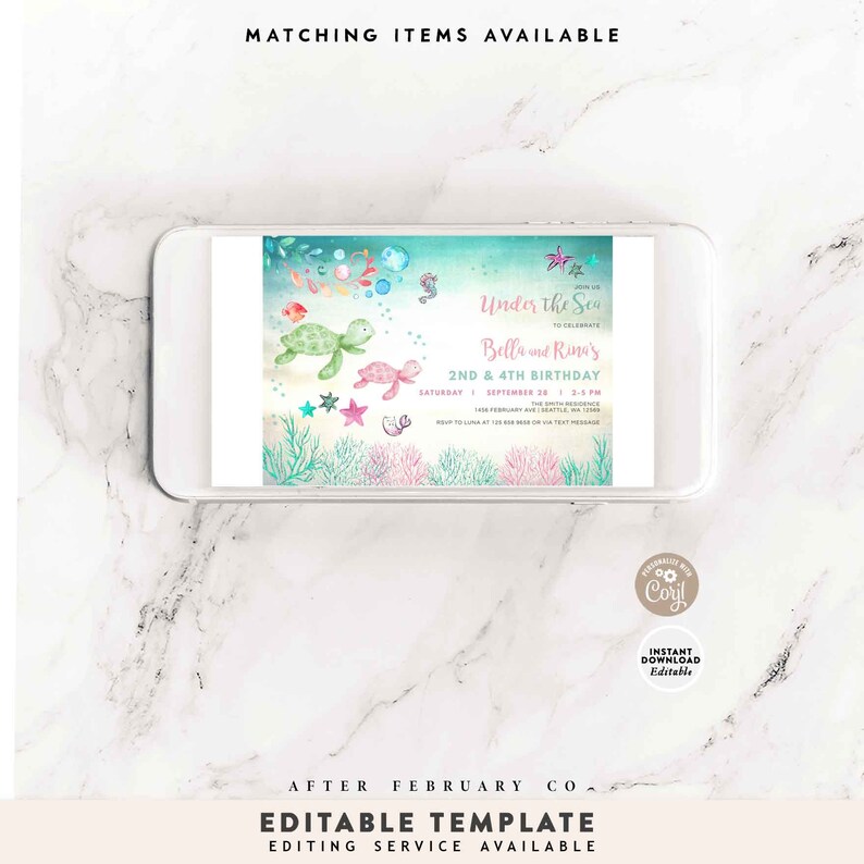 EDITABLE Girl Sea Turtle Birthday Invitation Joint Double Birthday ...