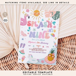 Editable Splash Into NINE 9th Birthday Pool Party Invitation Girly ...