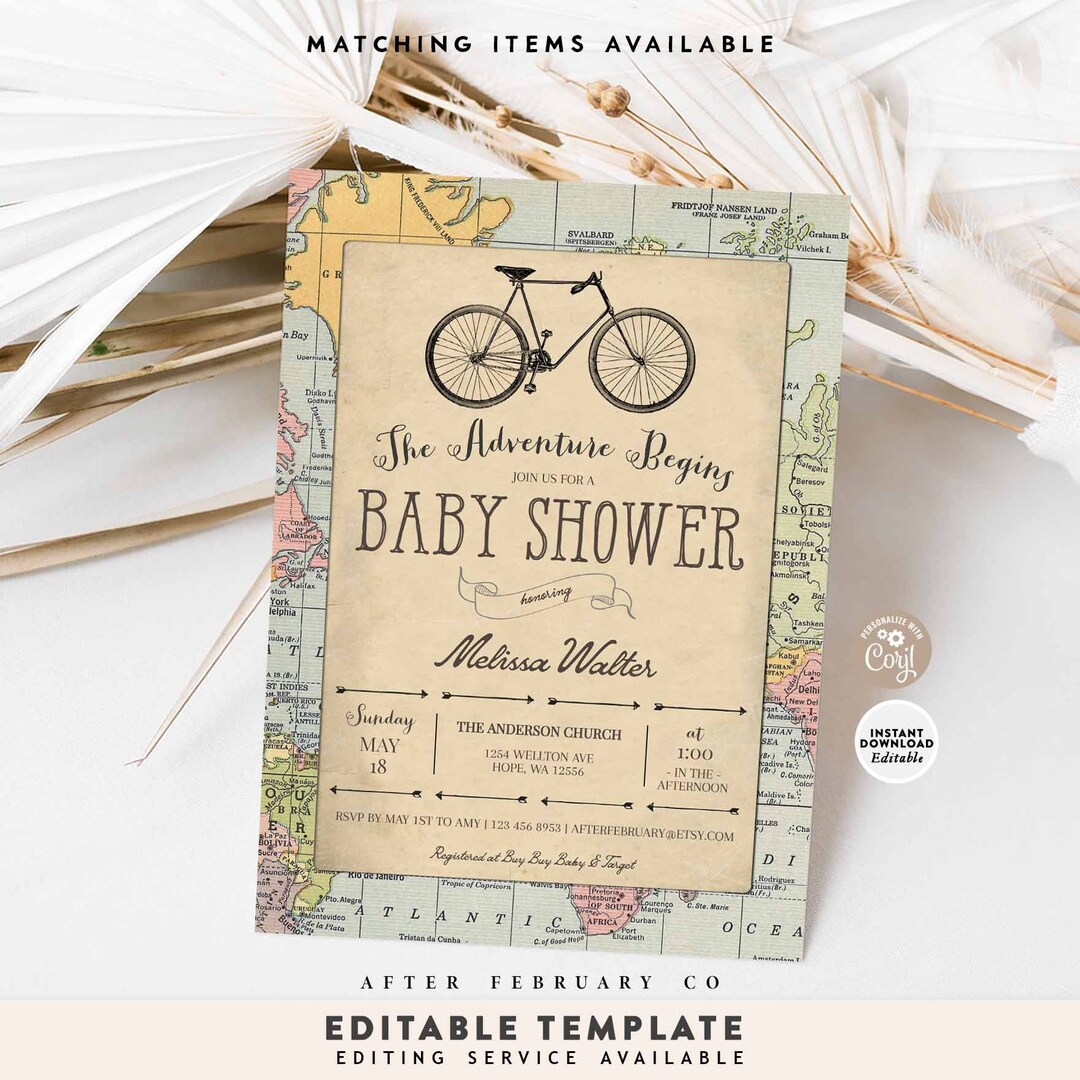 Editable Bike Adventure Baby Shower Invitation Around the World Baby ...