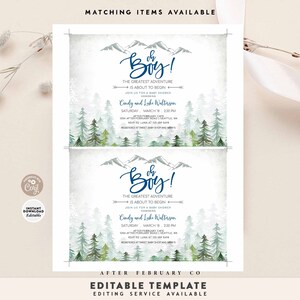 Editable Adventure Baby Shower Invitation Oh Boy Forest Blue Green ...