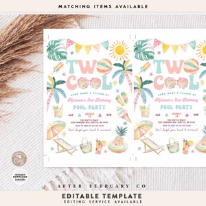 Editable TWO COOL 2nd Birthday Pool Beach Party Invitation Girly Pink ...
