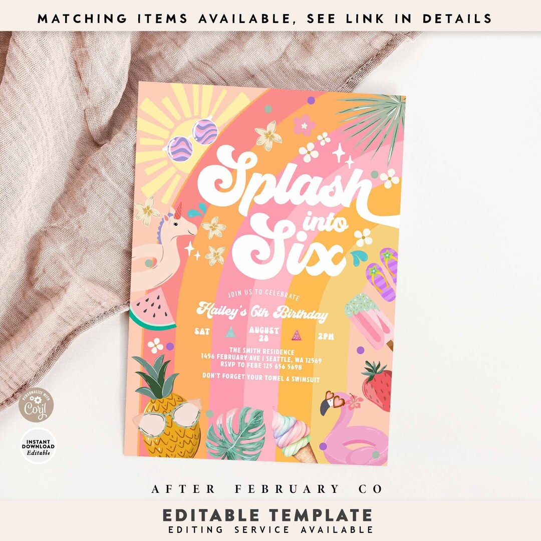 Editable Splash Into SIX 6th Birthday Pool Party Invitation Girly ...