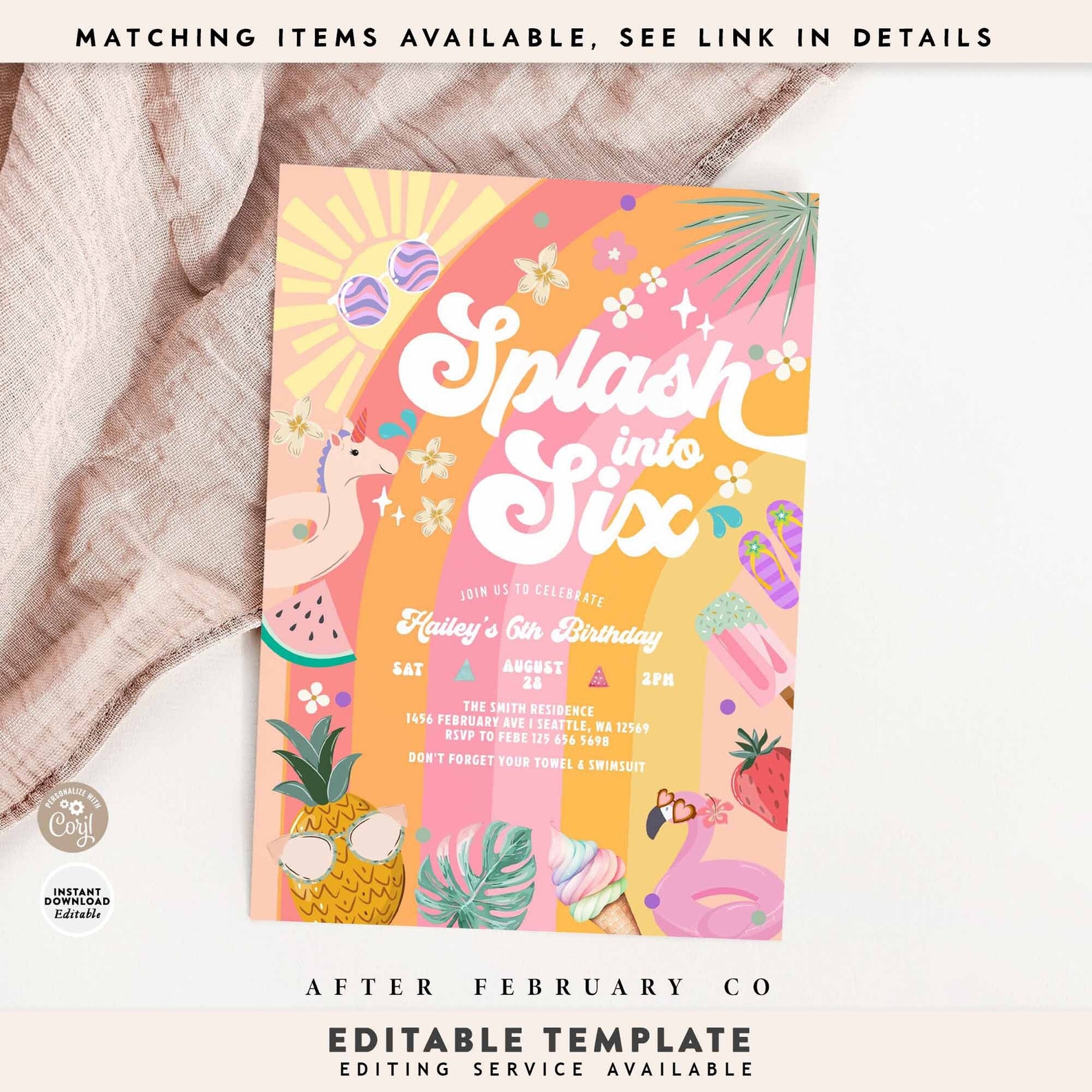 Editable Splash Into SIX 6th Birthday Pool Party Invitation Girly ...
