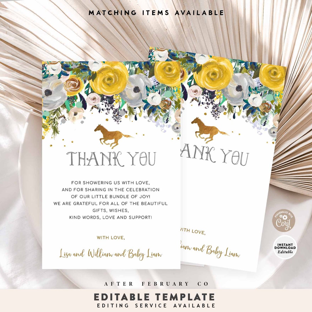 EDITABLE Horse Thank You Note Card Yellow Gold Gray Gender Neutral ...