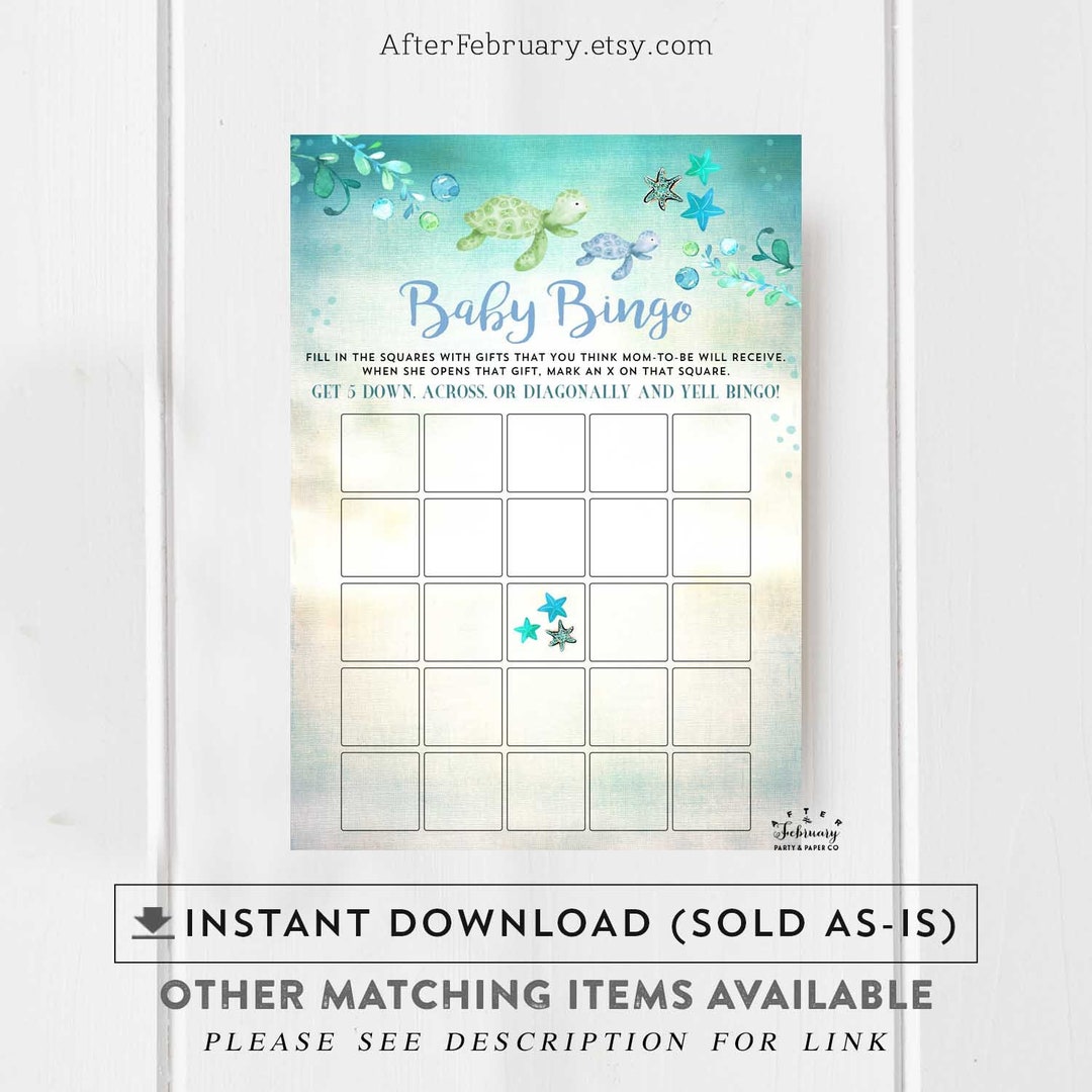 Sea Turtle Baby Bingo Printable Baby Shower Bingo Games Undersea Sea ...