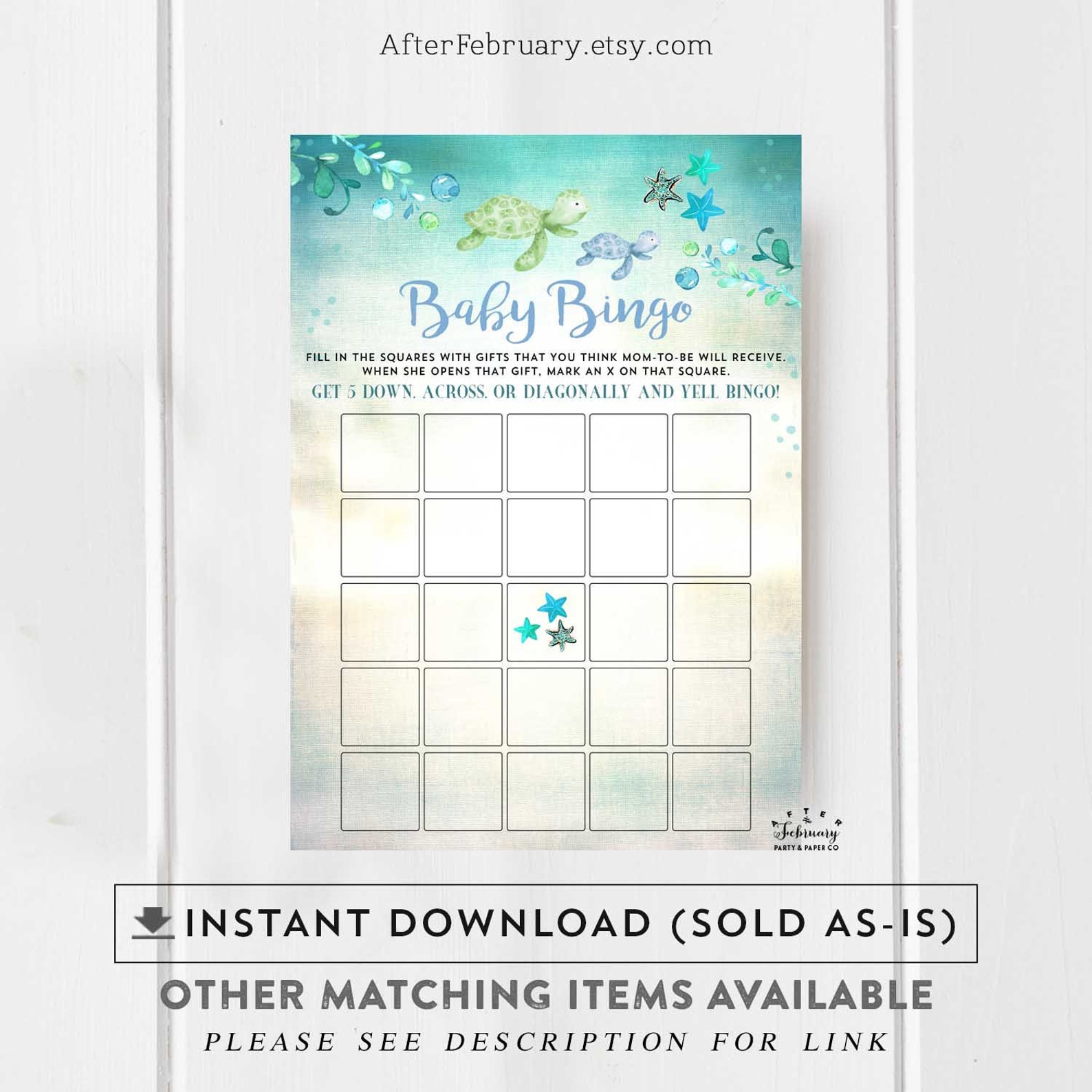 Sea Turtle Baby Bingo Printable Baby Shower Bingo Games Undersea Sea ...