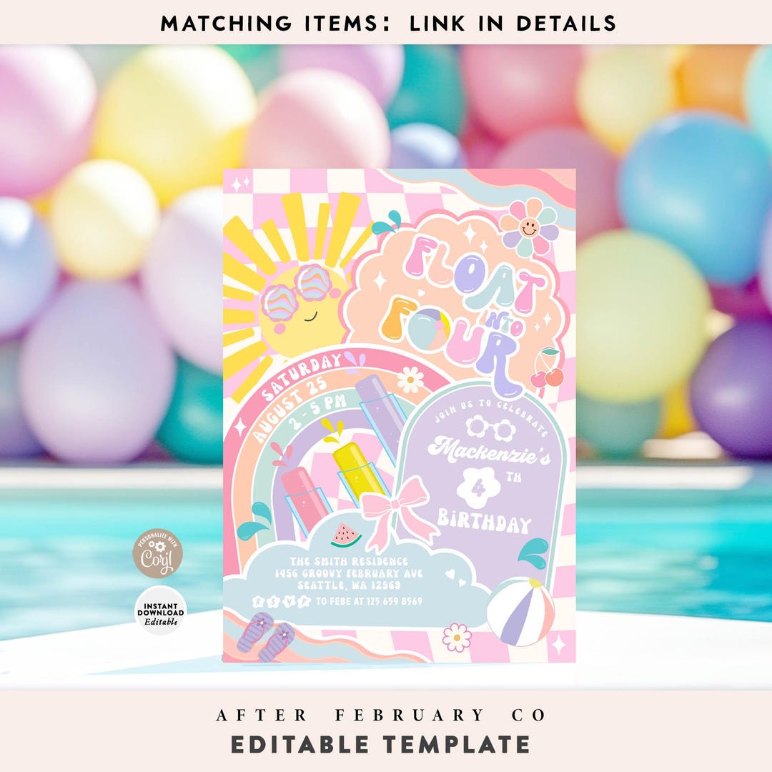 Editable Preppy Ice Pop Float Into Four 4th Birthday Pool Party ...
