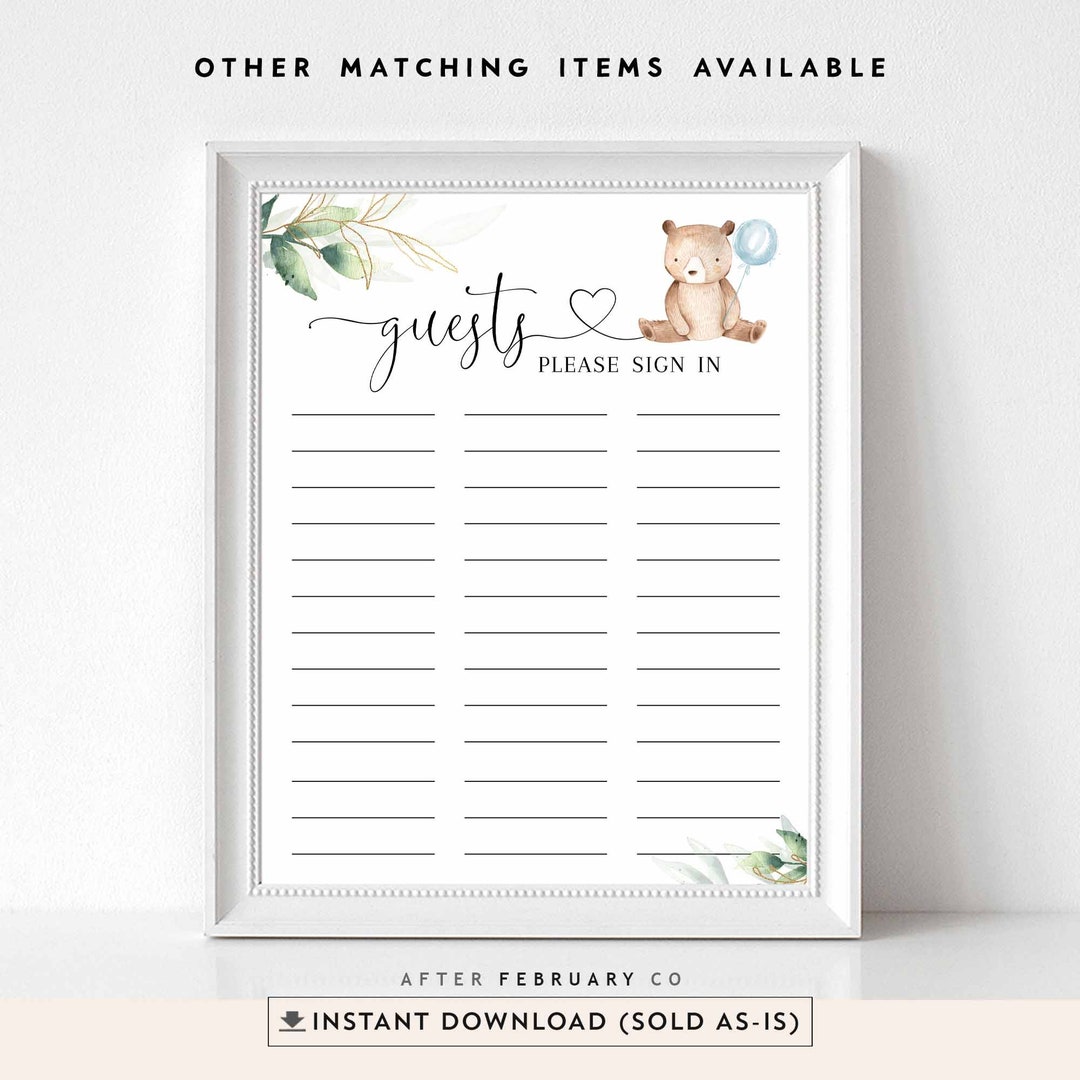 BOY Guests Please Sign in Sheet Greenery Gold We Can Bearly - Etsy